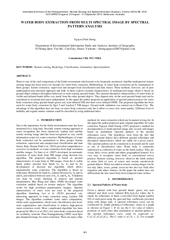 Pdf Water Body Extraction From Multi Spectral Image By Spectral Pattern Analysis Nguyen Dinh