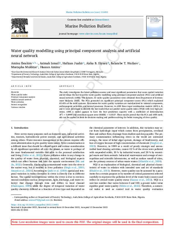 Pdf Water Quality Modelling Using Principal Component Analysis And Artificial Neural Network