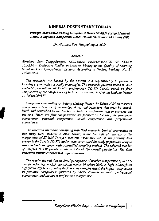(PDF) Kinerja Dosen STAKN Toraja (Persepsi Mahasiswa tentang Kompetensi ...