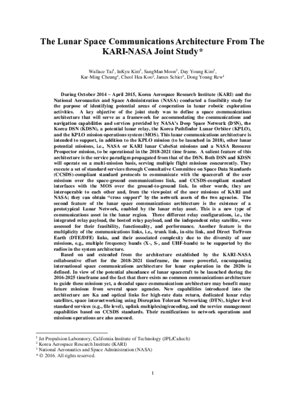 (PDF) The Lunar Space Communications Architecture From The KARI-NASA ...