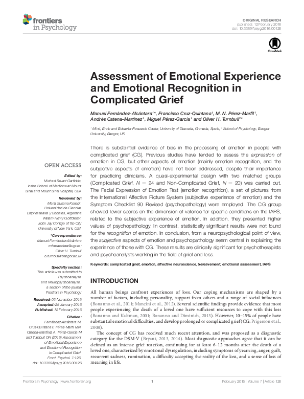 (PDF) Assessment of Emotional Experience and Emotional Recognition in Complicated Grief