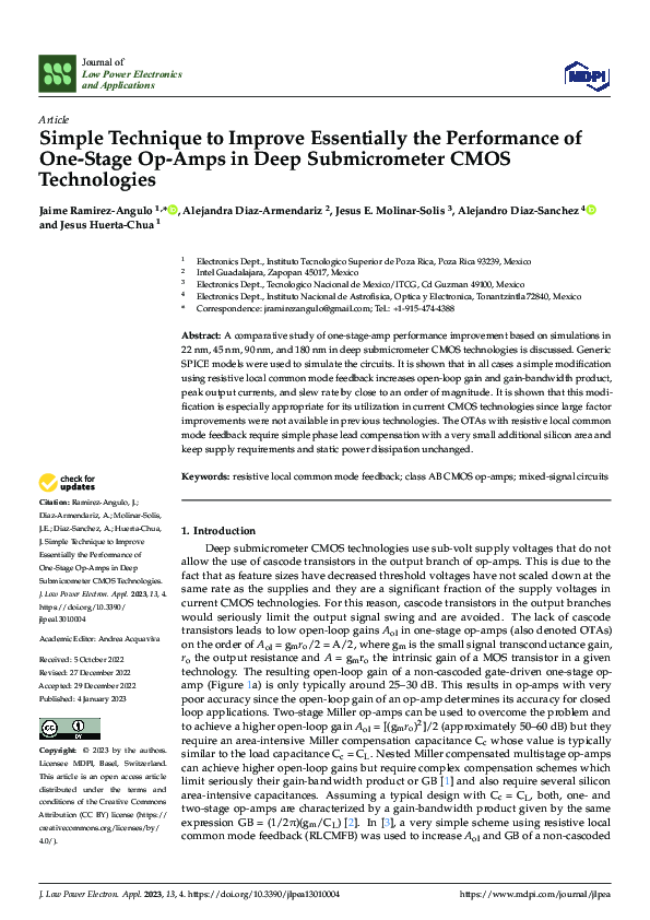 Pdf Simple Technique To Improve Essentially The Performance Of One Stage Op Amps In Deep