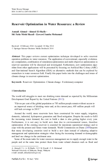 (PDF) Reservoir Optimization in Water Resources: a Review