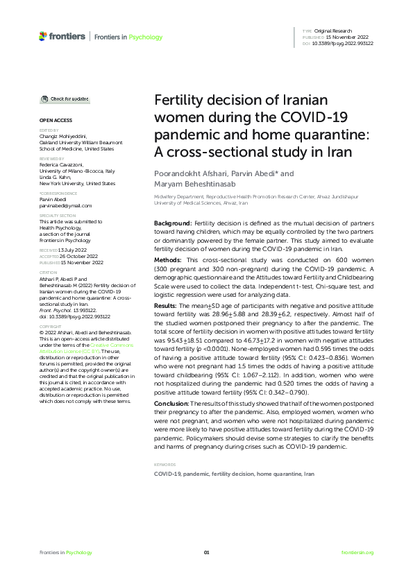 (PDF) Fertility decision of Iranian women during the COVID-19 pandemic ...