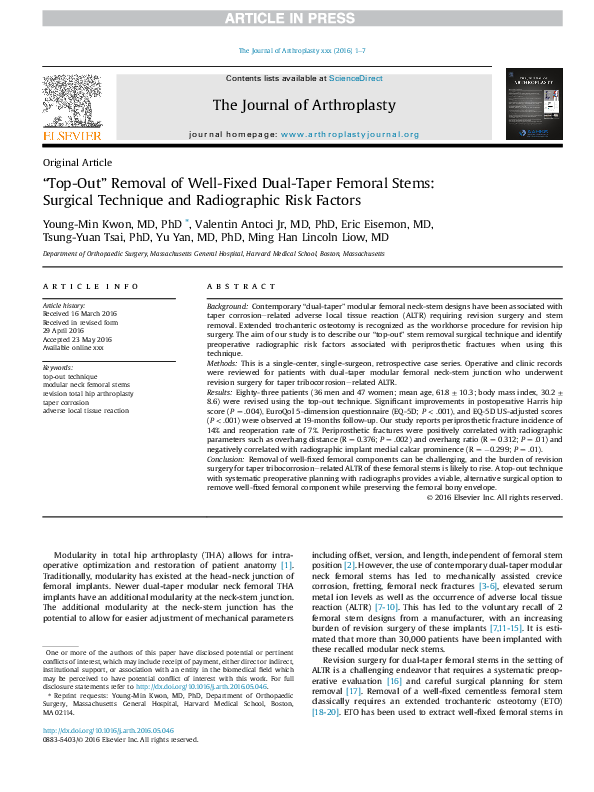 (PDF) Top-Out" Removal of Well-Fixed Dual-Taper Femoral Stems: Surgical ...