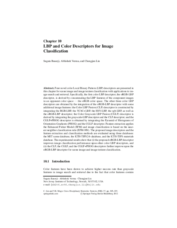 (PDF) Chapter 10 LBP and Color Descriptors for Image Classification