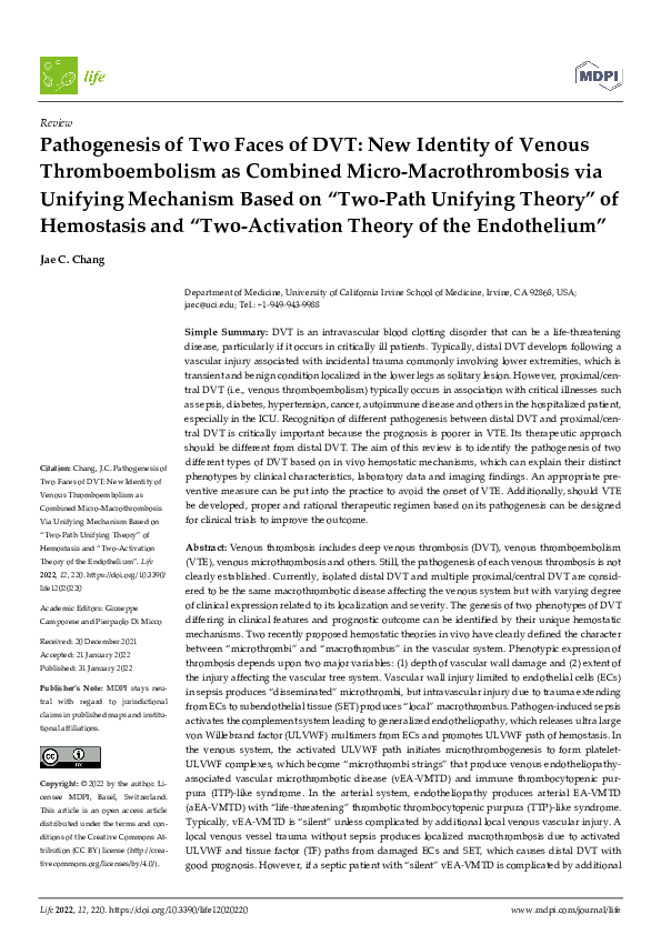 (PDF) Pathogenesis of Two Faces of DVT: New Identity of Venous Thromboembolism as Combined Micro ...