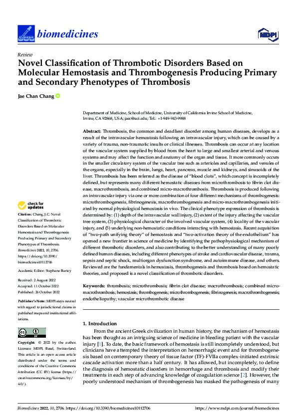 (PDF) Novel Classification of Thrombotic Disorders Based on Molecular ...