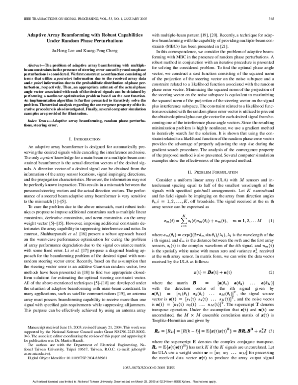 (PDF) Adaptive array beamforming with robust capabilities under random phase perturbations