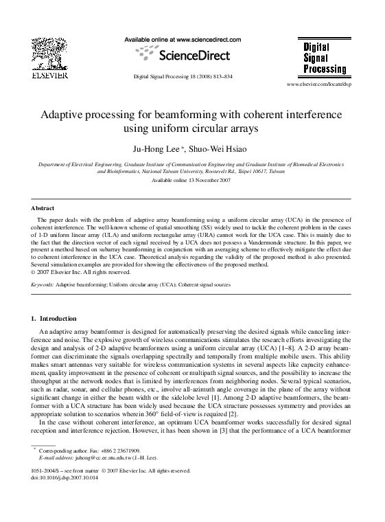 Pdf Adaptive Processing For Beamforming With Coherent Interference Using Uniform Circular Arrays