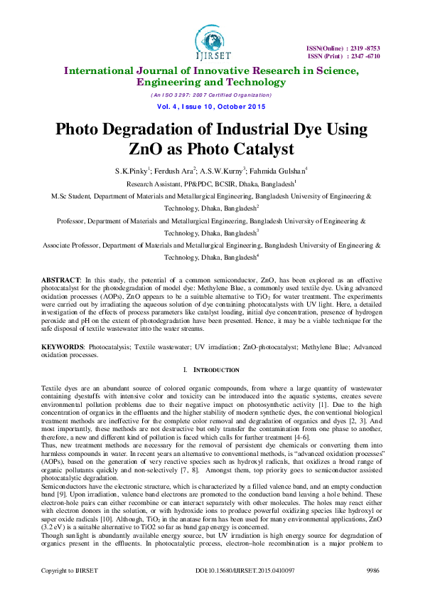 (PDF) Photo Degradation of Industrial Dye Using ZnO as Photo Catalyst