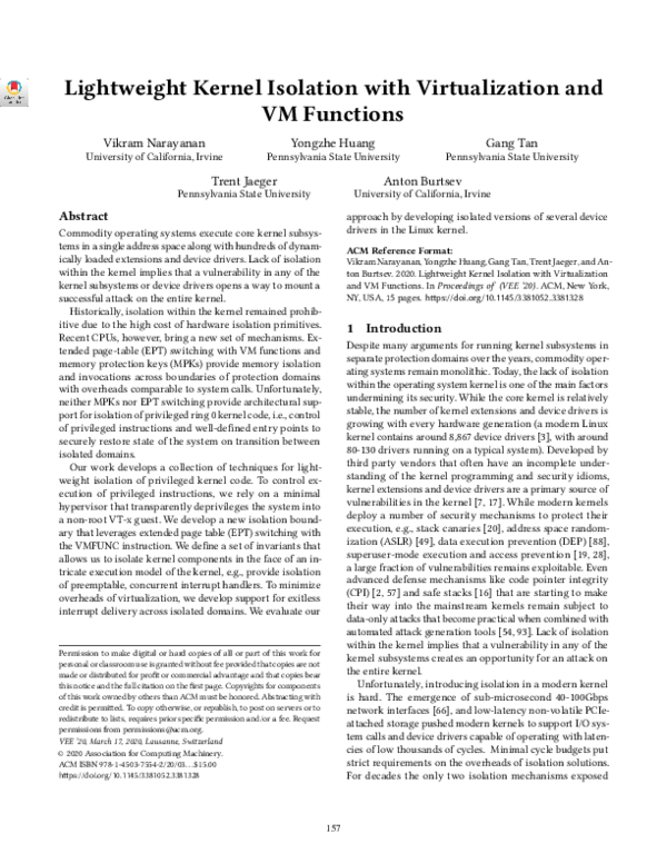 (PDF) Lightweight kernel isolation with virtualization and VM functions