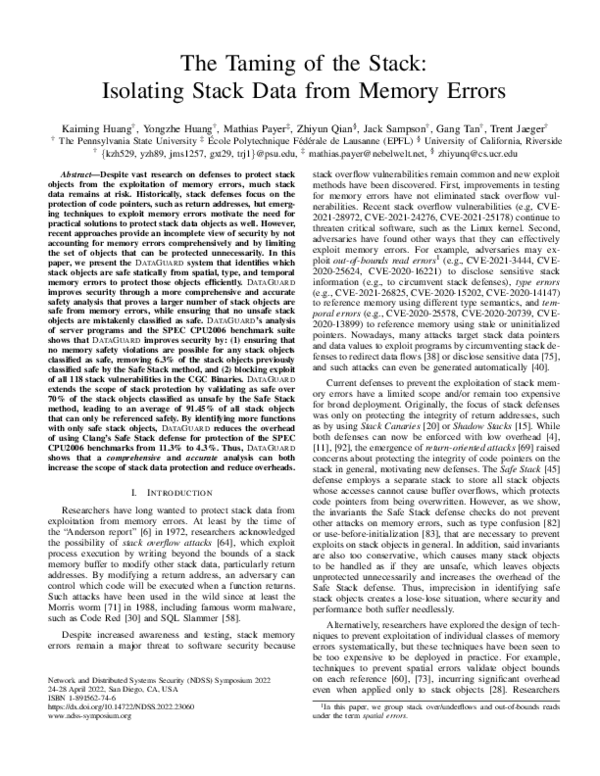 (PDF) The Taming of the Stack: Isolating Stack Data from Memory Errors