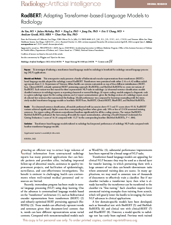 (PDF) RadBERT: Adapting Transformer-based Language Models to Radiology