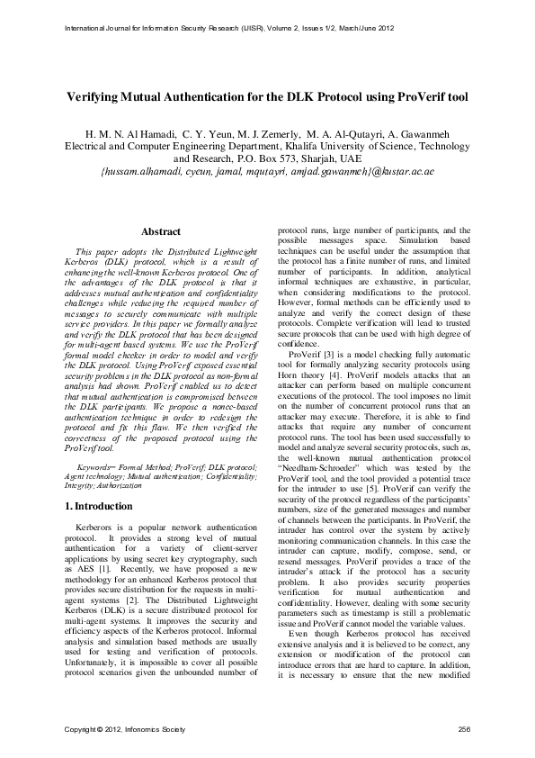 (PDF) Verifying Mutual Authentication for the DLK Protocol Using ProVerif Tool