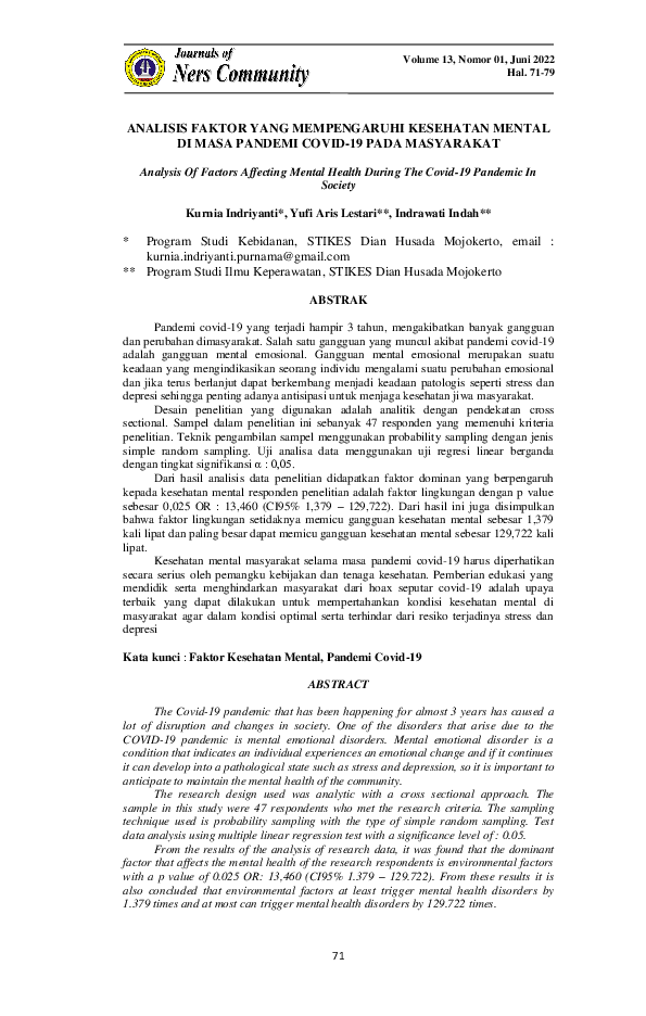 (PDF) Analisis Faktor Yang Mempengaruhi Kesehatan Mental DI Masa Pandemi COVID-19 Pada Masyarakat