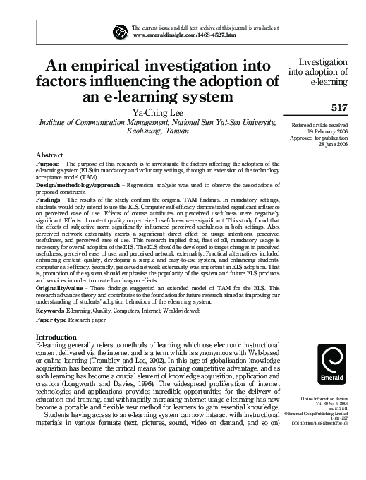 (PDF) An empirical investigation into factors influencing the adoption of an e‐learning system