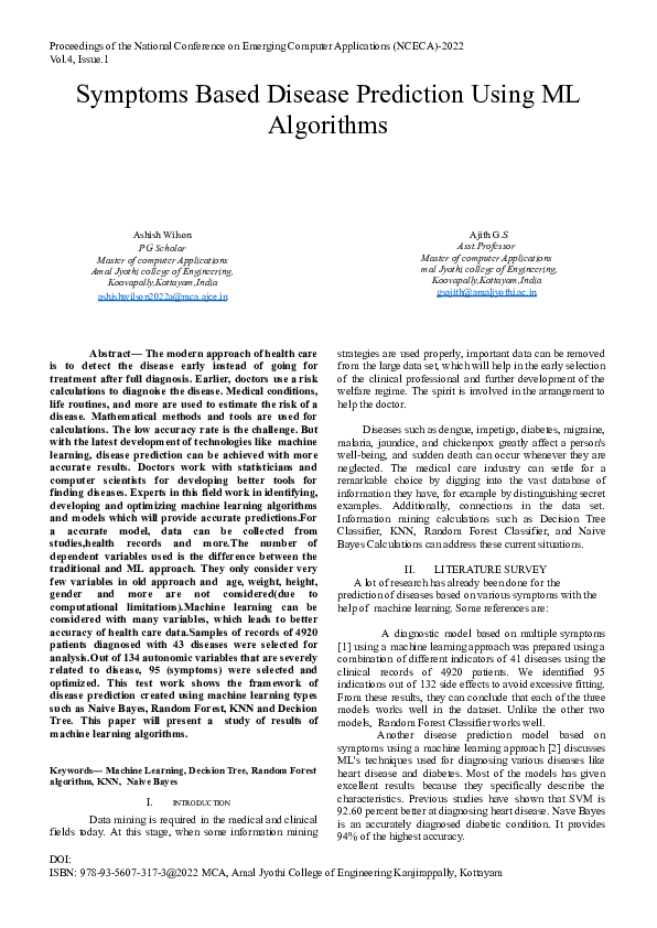 (PDF) Symptoms Based Disease Prediction Using ML Algorithms