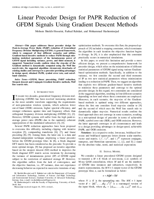 Pdf Linear Precoder Design For Papr Reduction Of Gfdm Signals Using Gradient Descent Methods