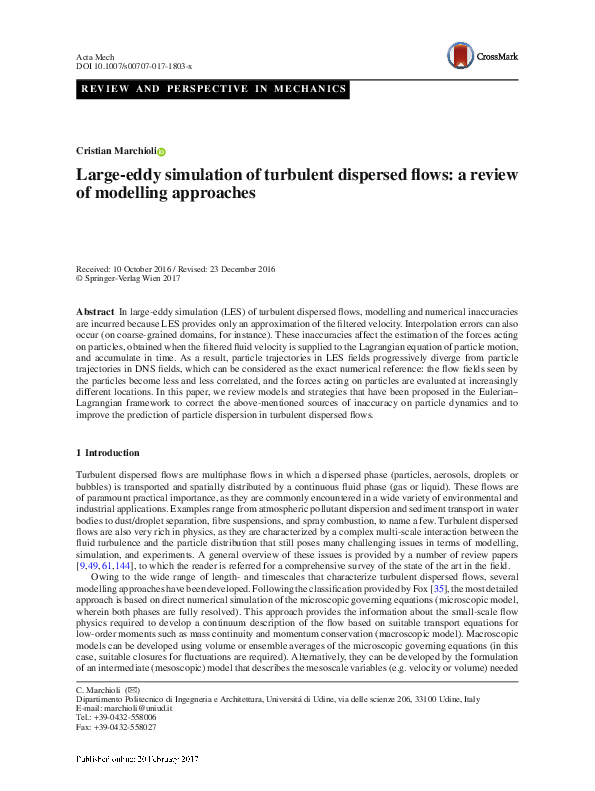 (PDF) Large-eddy simulation of turbulent dispersed flows: a review of modelling approaches