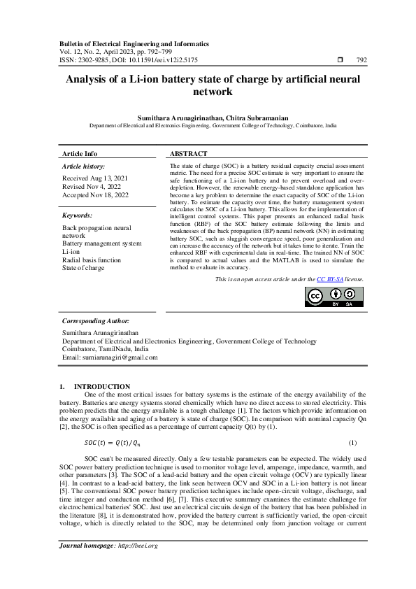 Pdf Analysis Of A Li Ion Battery State Of Charge By Artificial Neural