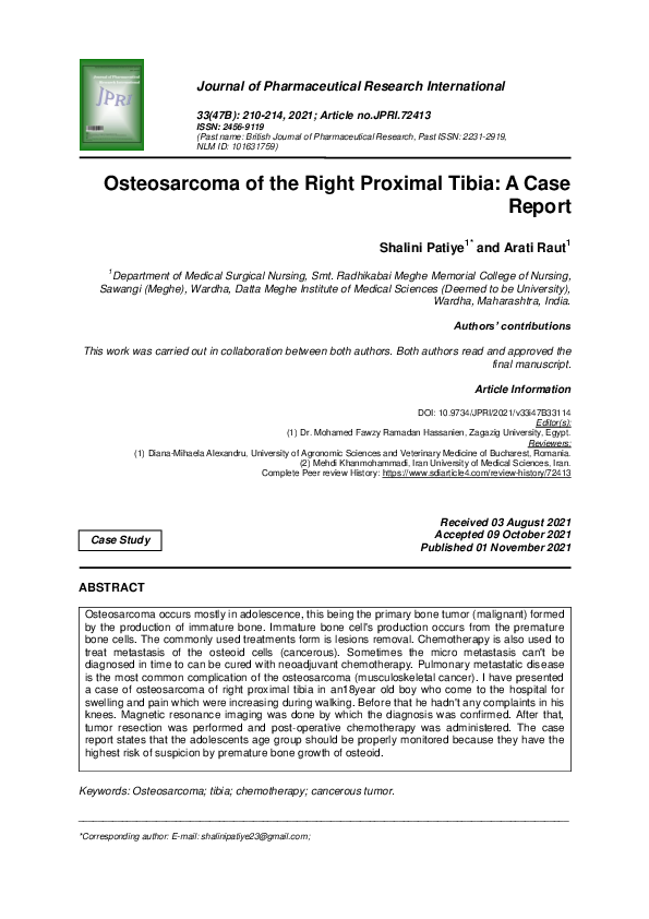 (PDF) Osteosarcoma of the Right Proximal Tibia: A Case Report