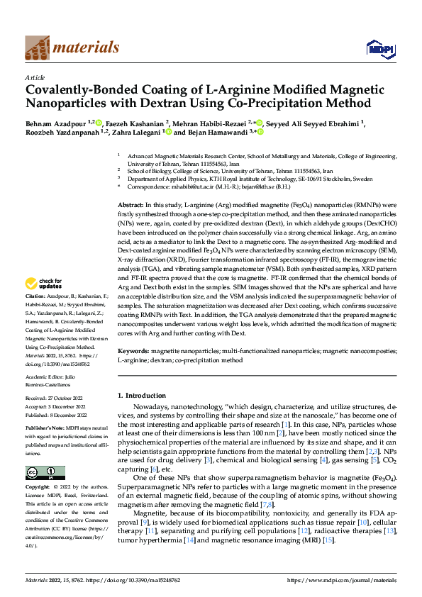 (PDF) Covalently-Bonded Coating of L-Arginine Modified Magnetic Nanoparticles with Dextran Using ...