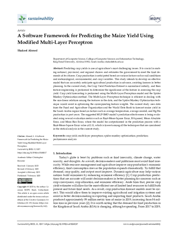 Pdf A Software Framework For Predicting The Maize Yield Using Modified Multi Layer Perceptron