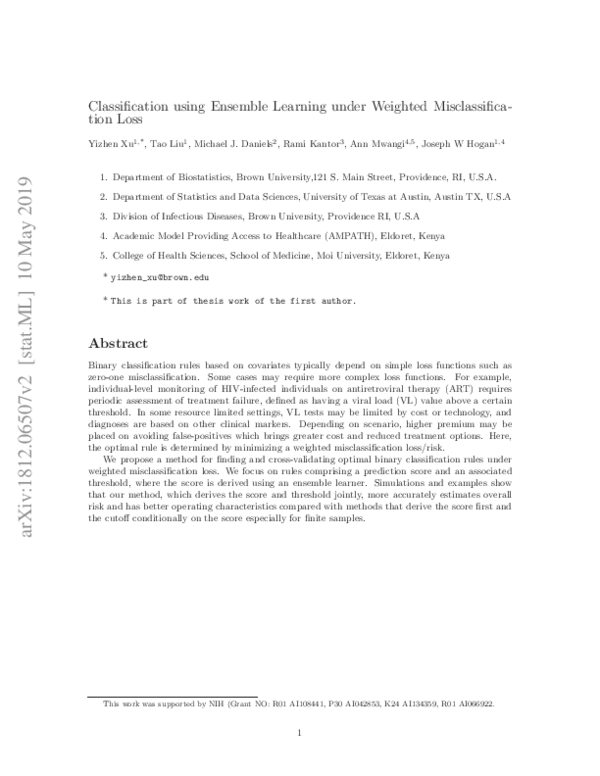 (PDF) Classification using ensemble learning under weighted misclassification loss