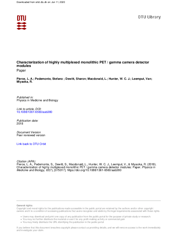 (PDF) Characterization of highly multiplexed monolithic PET / gamma camera detector modules