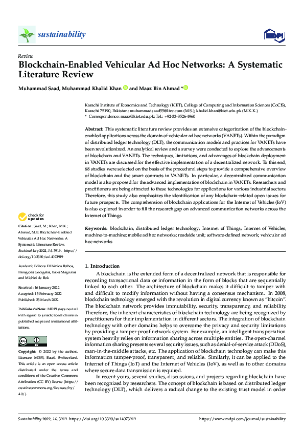 (PDF) Blockchain-Enabled Vehicular Ad Hoc Networks: A Systematic Literature Review