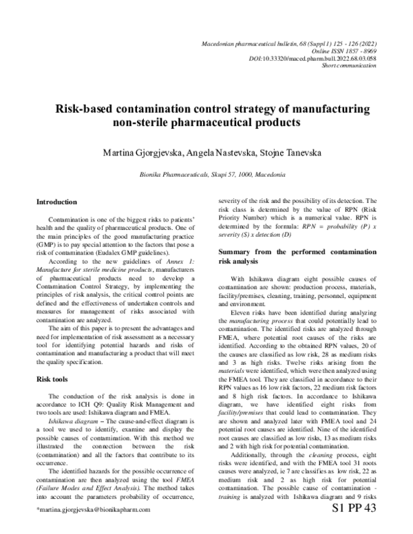 (PDF) Risk-based contamination control strategy of manufacturing non ...