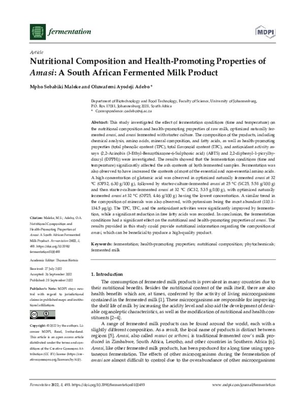 (PDF) Nutritional Composition and Health-Promoting Properties of Amasi ...