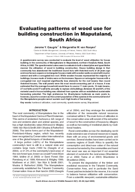 (PDF) Evaluating Patterns of Wood Use for Building Construction in Maputaland, South Africa