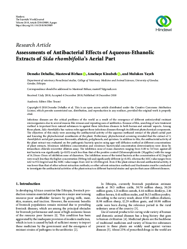 (PDF) Assessments of Antibacterial Effects of Aqueous-Ethanolic Extracts of Sida rhombifolia’s ...