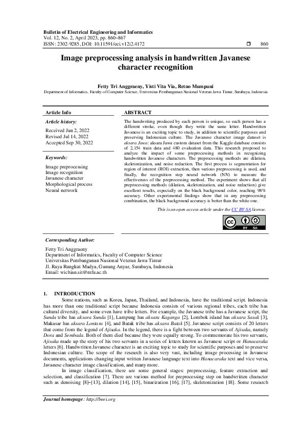 Pdf Image Preprocessing Analysis In Handwritten Javanese Character Recognition Beei Iaes