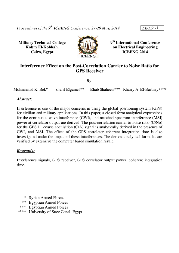 (PDF) Interference Effect on the Post-Correlation Carrier to Noise Ratio for GPS Receiver