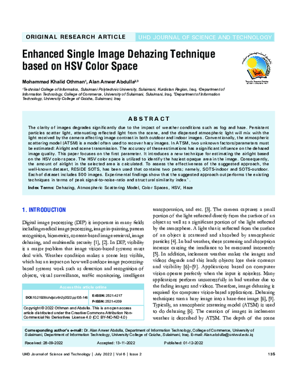 (PDF) Enhanced Single Image Dehazing Technique based on HSV Color Space