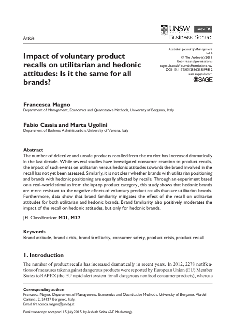 (PDF) Impact of voluntary product recalls on utilitarian and hedonic ...