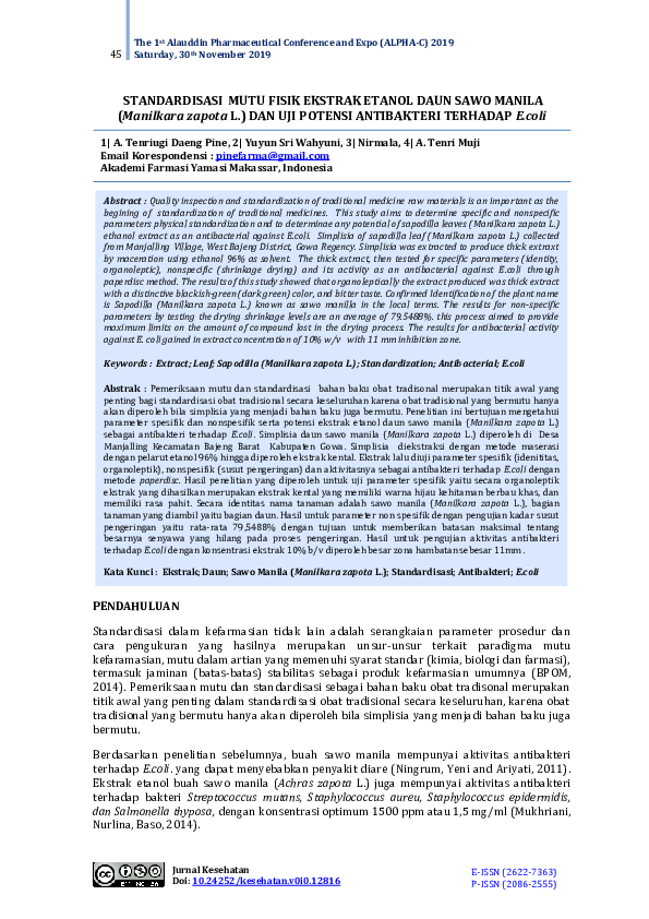 (PDF) STANDARDISASI MUTU FISIK EKSTRAK ETANOL DAUN SAWO MANILA (Manilkara zapota L.) DAN UJI ...