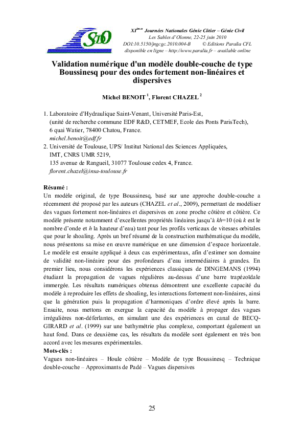 (PDF) Validation numérique d'un modèle double-couche de type Boussinesq pour des ondes fortement ...