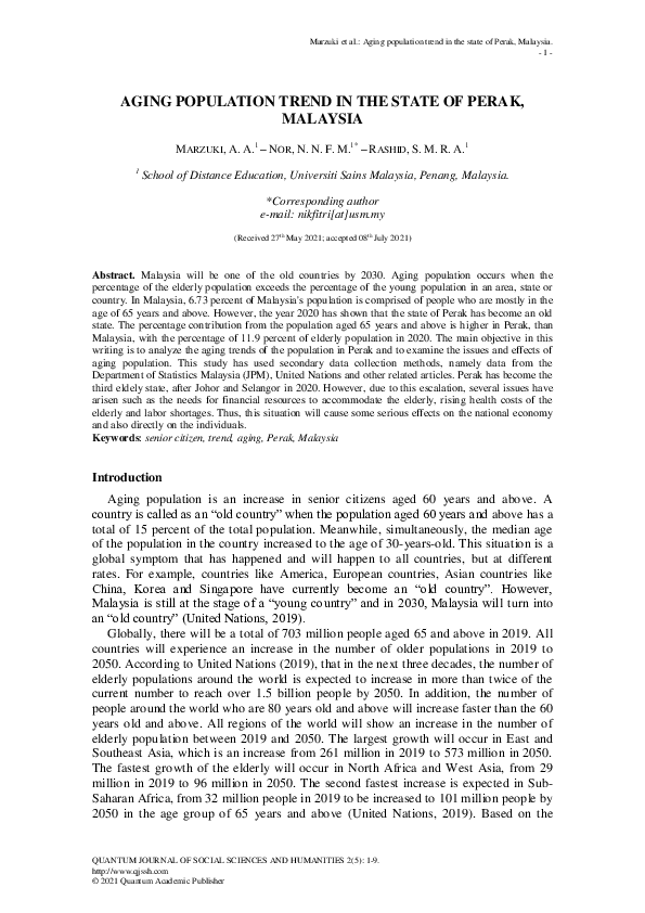 (PDF) Aging Population Trend in the State of Perak, Malaysia