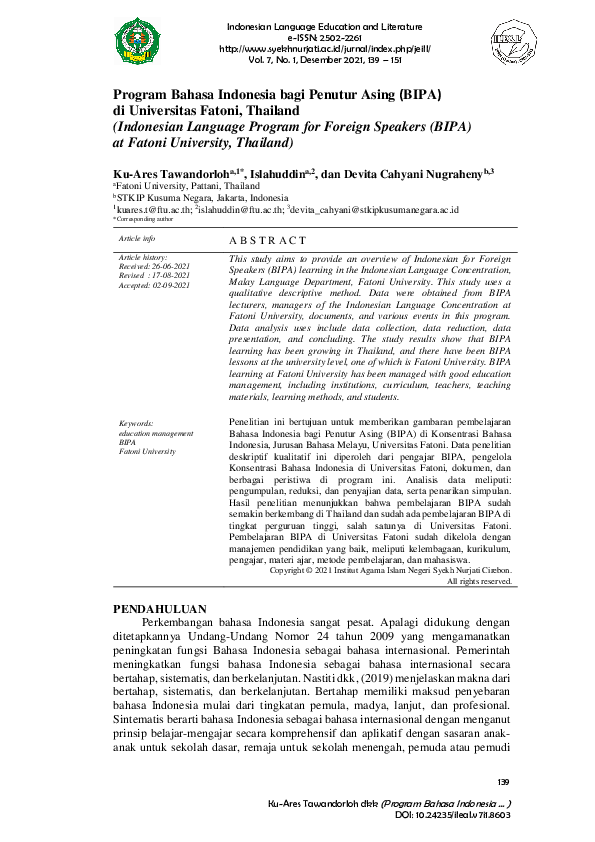 (PDF) Program Bahasa Indonesia bagi Penutur Asing (BIPA) di Universitas Fatoni, Thailand