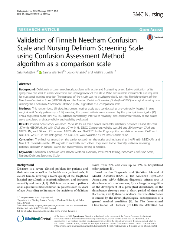 (PDF) Validation of Finnish Neecham Confusion Scale and Nursing ...