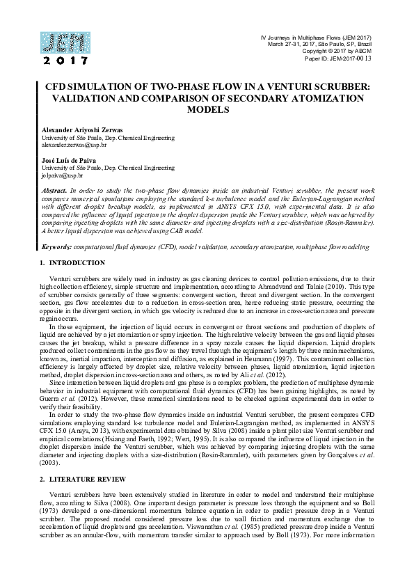 (PDF) CFD Simulation of Two-Phase Flow in a Venturi Scrubber : Validation and Comparison of ...