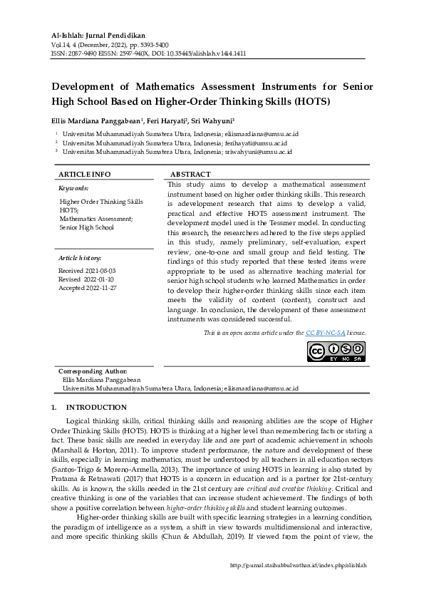 (PDF) Development of Mathematics Assessment Instruments for High School Students Based on Higher ...
