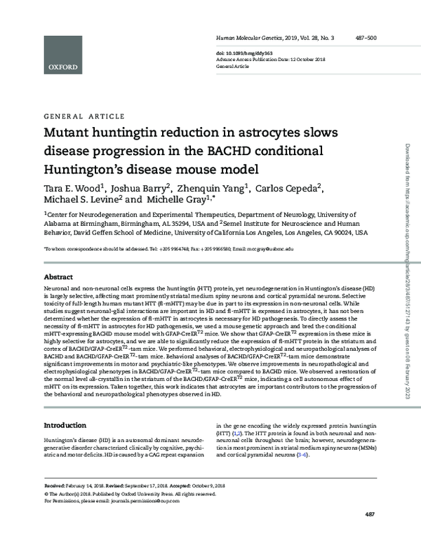 (PDF) Mutant huntingtin reduction in astrocytes slows disease ...