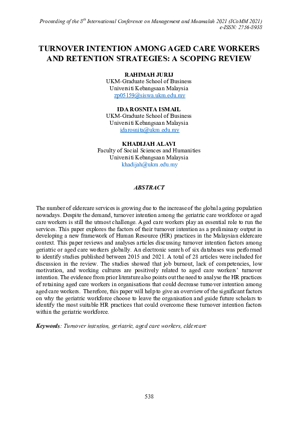 (PDF) Turnover Intention Among Aged Care Workers and Retention ...