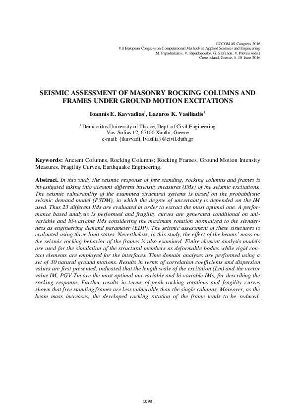(PDF) Seismic Assessment of Masonry Rocking Columns and Frames Under ...