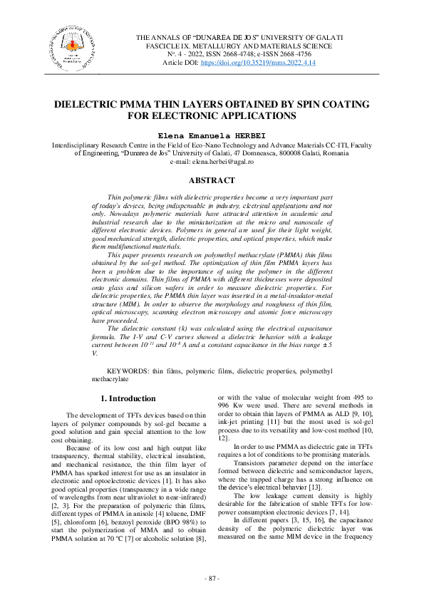 (PDF) Dielectric PMMA Thin Layers Obtained by Spin Coating for ...